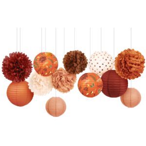 nicrohome fall party decoration, 12 pcs carmine rust orange light brown tissue paper pom poms and lanterns for thanksgiving, halloween, retro party, classical wedding, birthday, fall celebration decor