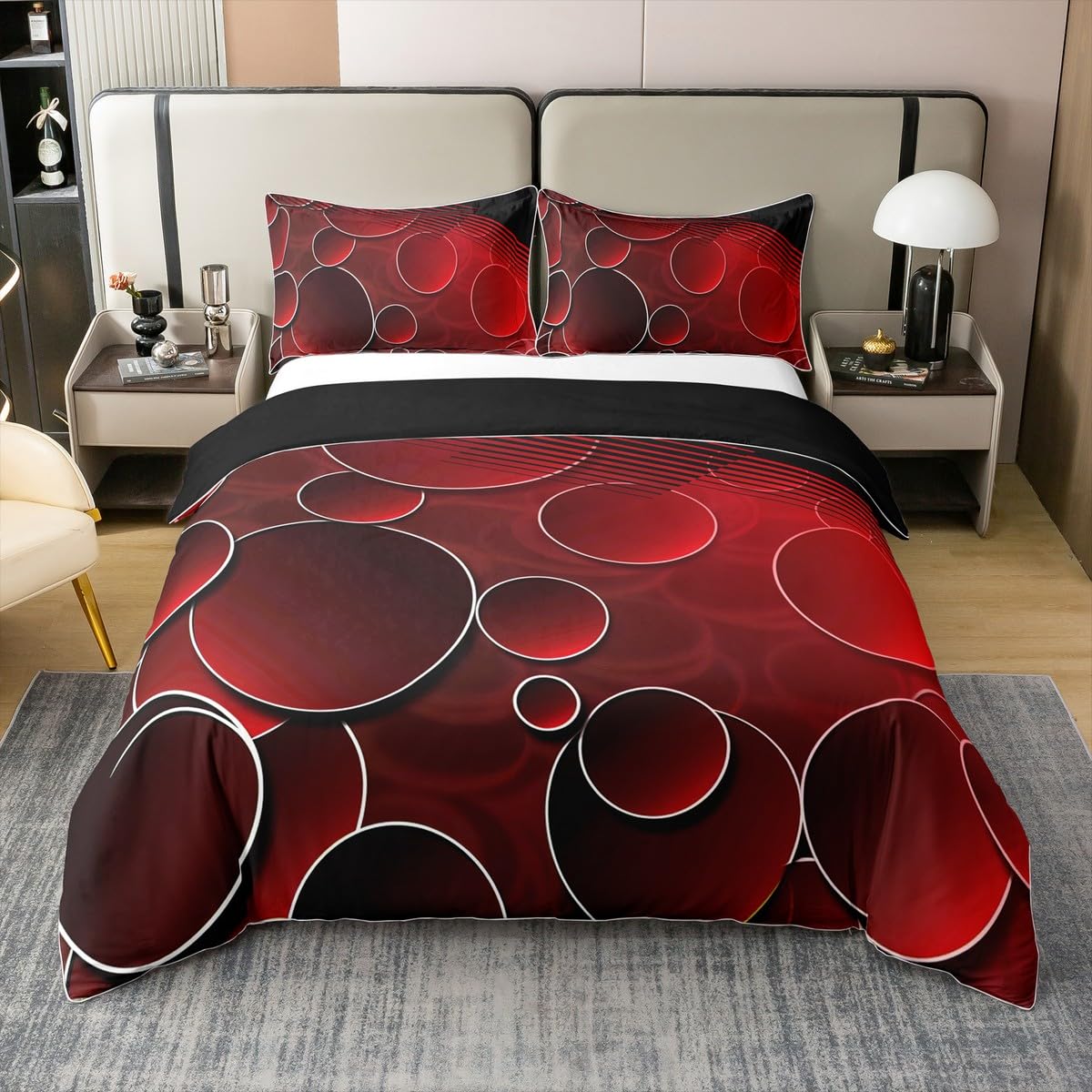 Feelyou Red and Black Duvet Cover 100% Cotton Queen Size Kids Circle Comforter Cover Set for Boys Teens Geometric Bedding Set Modern Geometry Bedspread Cover Room Decor Quilt Cover