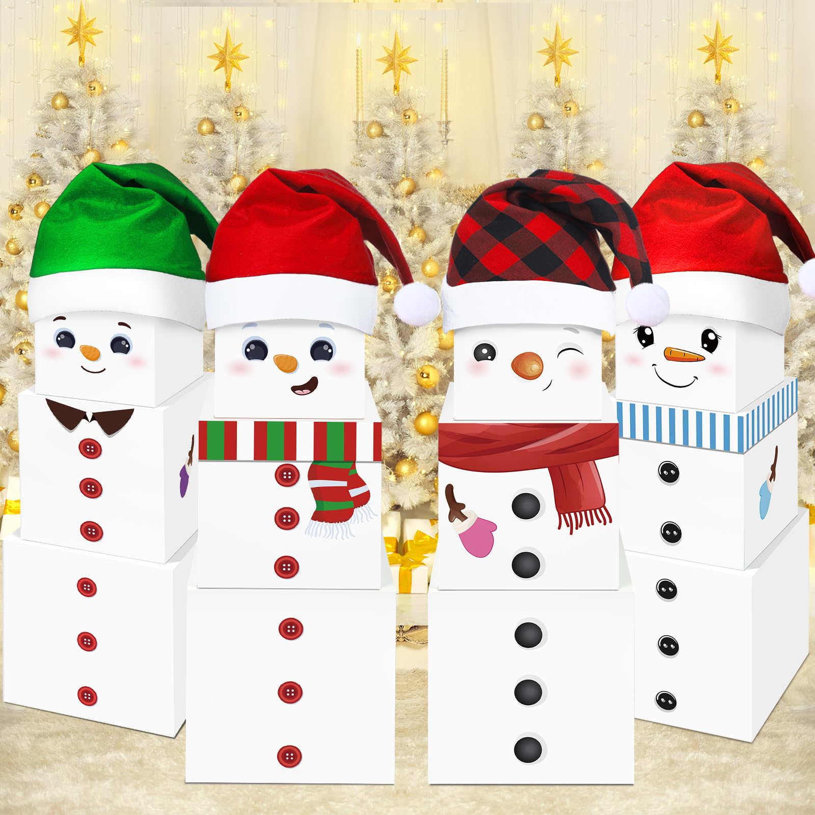 MotiMind 16 Pcs Christmas Snowman Stackable Gift Boxes with Hats in 4 Designs Stackable Snowman Gift Box Tower Xmas Nesting Box for Gift Wrapping Party Decor Christmas Stacking Gift Boxes