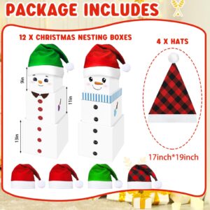 MotiMind 16 Pcs Christmas Snowman Stackable Gift Boxes with Hats in 4 Designs Stackable Snowman Gift Box Tower Xmas Nesting Box for Gift Wrapping Party Decor Christmas Stacking Gift Boxes