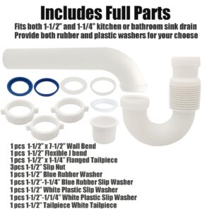 Flexible P Trap for Bathroom Sink, Flex Drain Pipe for Bathroom Sink Drain Kit and Kitchen Sink Drain Kit, 1-1/2" or 1-1/4" Expandable Sink Trap, Slip Joint or Direct Connection 1/2 Inch P Trap Kit