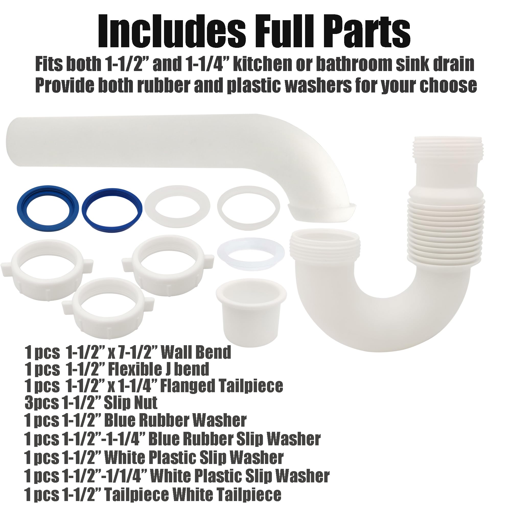 Flexible P Trap for Bathroom Sink, Flex Drain Pipe for Bathroom Sink Drain Kit and Kitchen Sink Drain Kit, 1-1/2" or 1-1/4" Expandable Sink Trap, Slip Joint or Direct Connection 1/2 Inch P Trap Kit