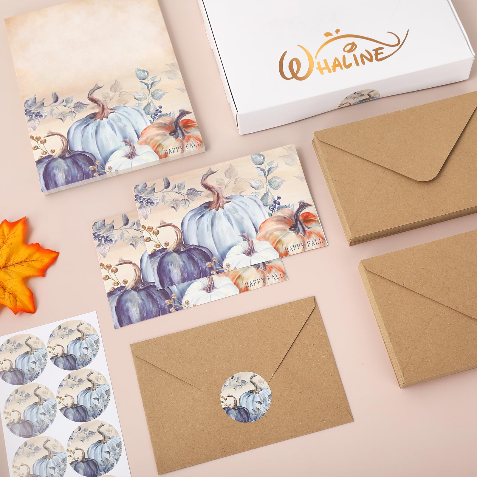 Whaline 50 Pack Fall Thank You Cards Bulk Boxed Vintage Blue Pumpkin Greeting Cards with Envelope Sticker Blank Note Cards for Autumn Thanksgiving Wedding, 4 x 6 Inch