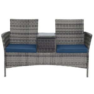 pieryakers outdoor loveseat rattan wicker two seater,patio conversation sets built-in coffee table and cushion for balconies, lawns, backyard outside sofa benches (grey-blue)