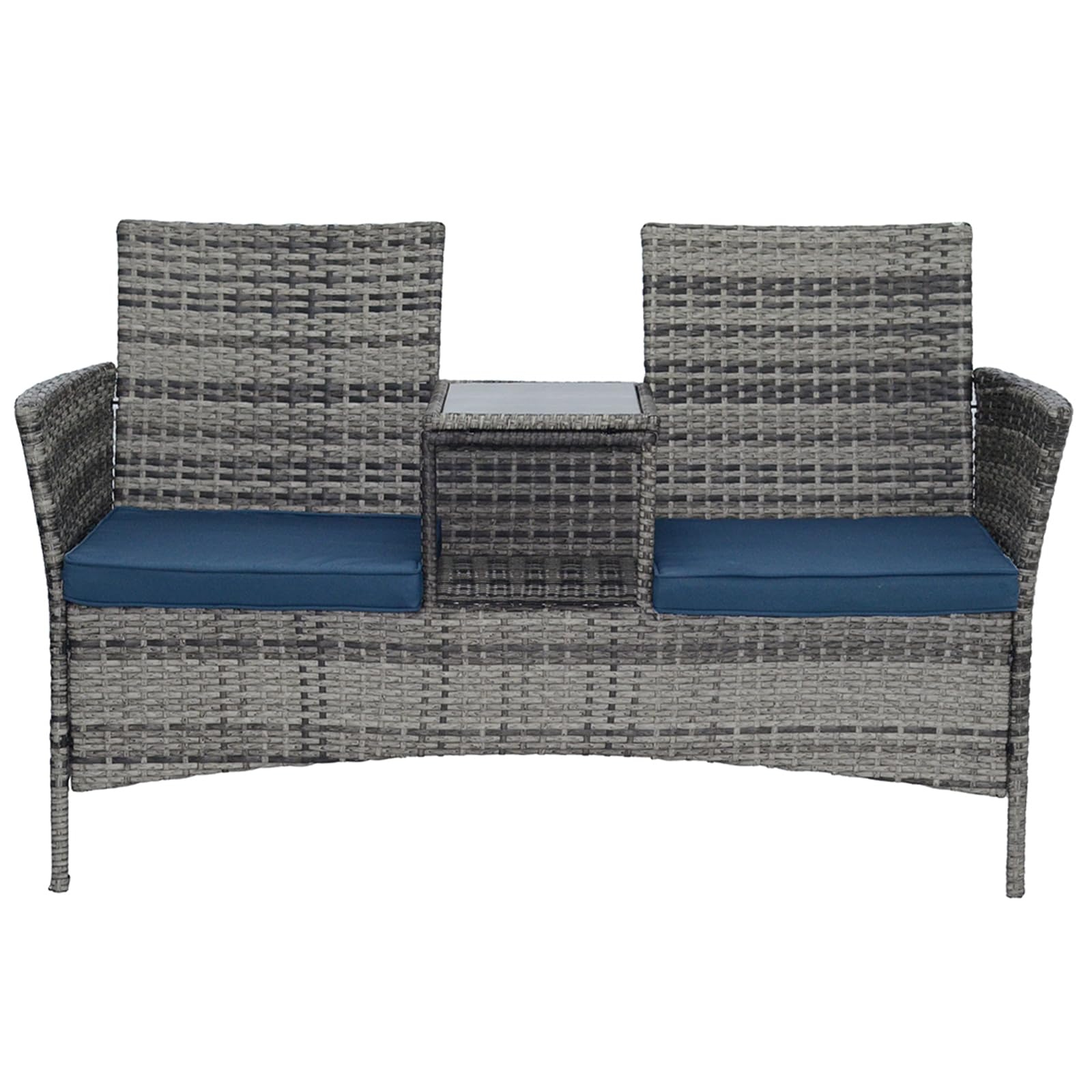 Pieryakers Outdoor Loveseat Rattan Wicker Two Seater,Patio Conversation Sets Built-in Coffee Table and Cushion for Balconies, Lawns, Backyard Outside Sofa Benches (Grey-Blue)