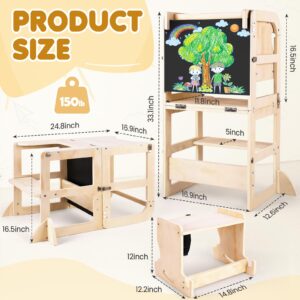 Woodure 6 in-1 Toddler Kitchen Step Stool with Wooden Stool, Foldable Learning Standing Tower with Blackboard & Feeding Tray, Wooden Kitchen Stool Helper for Kids, 1-3 Year Old Boy Girl Gifts