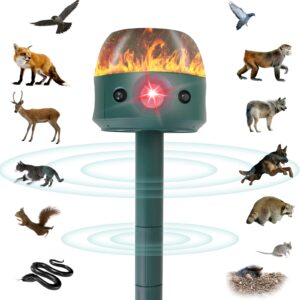 ultrasonic solar animal repeller for yard, 5 modes outdoor cat squirrel repellent with motion sensor, flame light, motor vibration, deterrent for deer skunk dog snake gophers for yard garden