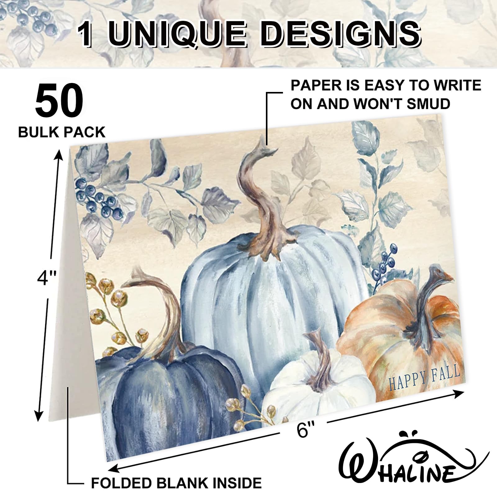 Whaline 50 Pack Fall Thank You Cards Bulk Boxed Vintage Blue Pumpkin Greeting Cards with Envelope Sticker Blank Note Cards for Autumn Thanksgiving Wedding, 4 x 6 Inch