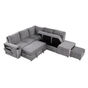 Olodumare L-shaped Oversized Modular Padded Cloud Sectional Fabric Sofa Set with Pull Out Bed, Convertible Sectional Couches with Storage Space, USB Ports, and Cup Holders for Living Room Office（Grey）