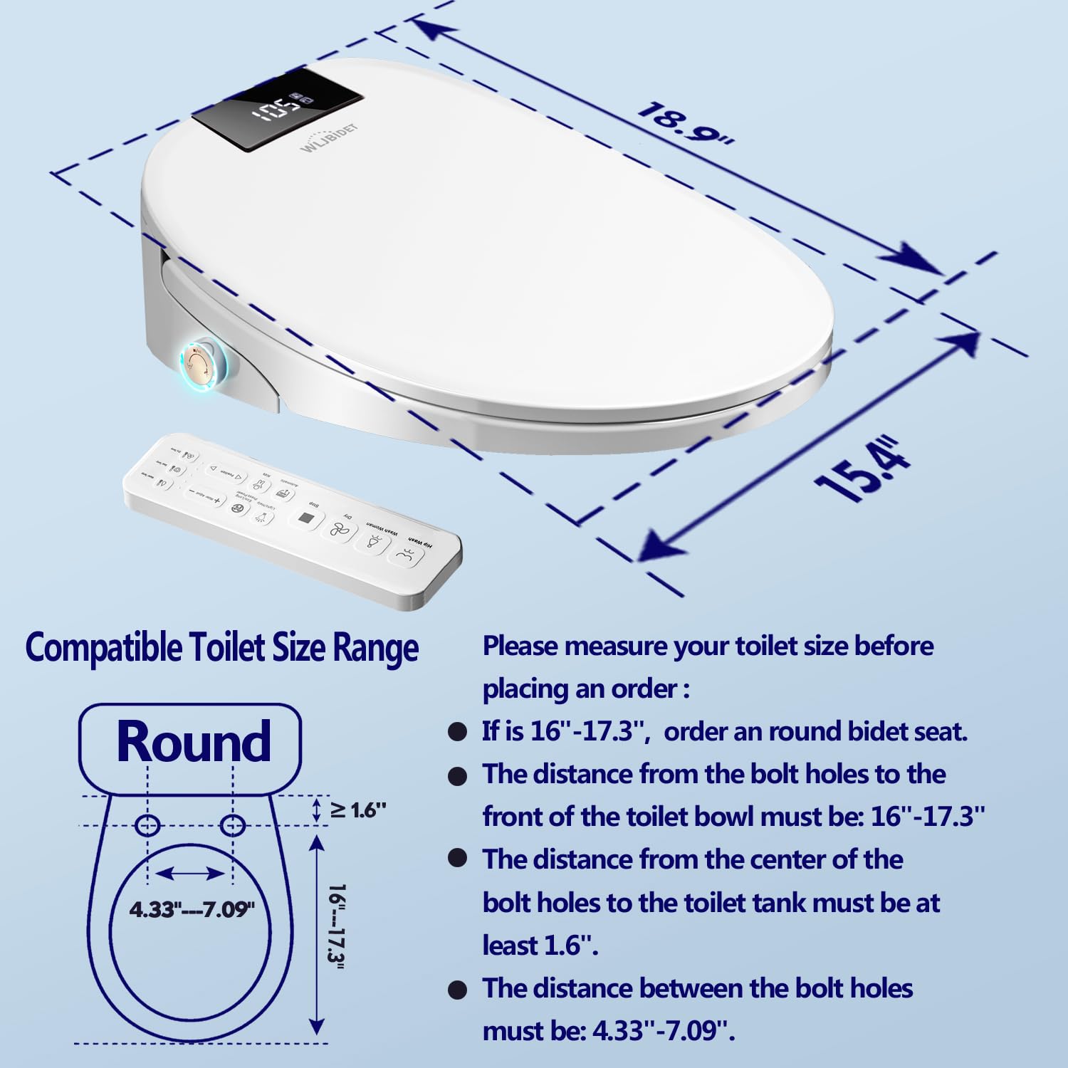 WLJBIDET Upgrade Smart Bidet Toilet Seat Round, Electronic Heated Bidet with Adjustable Warm Air Dryer, Unlimited Bidet Warm Water, Night Light, Slow Closed Toilet Seat & Lid, Remote Control