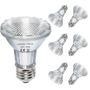 luxgallerri par20 halogen light bulbs 6 pack 120v 50w dimmable, e26 medium base flood light bulbs with 3000k warm white,high output reflector for kitchen stove hood and range hood light bulb.