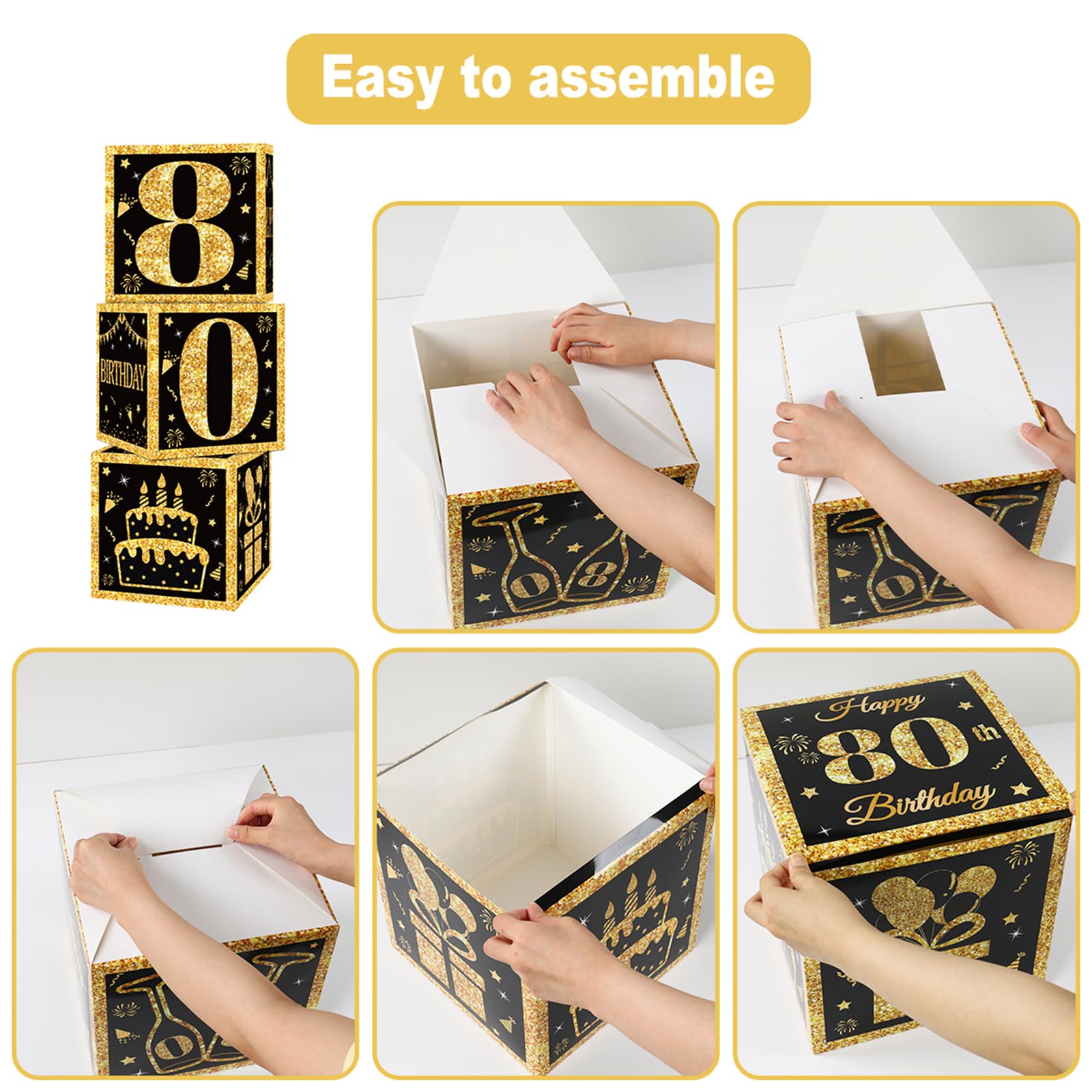 80th Birthday Decorations Boxes for Men- 3PCS Black Gold Happy 80th Birthday Balloons Boxes, 80 Year Old Party Supplies for Men Women