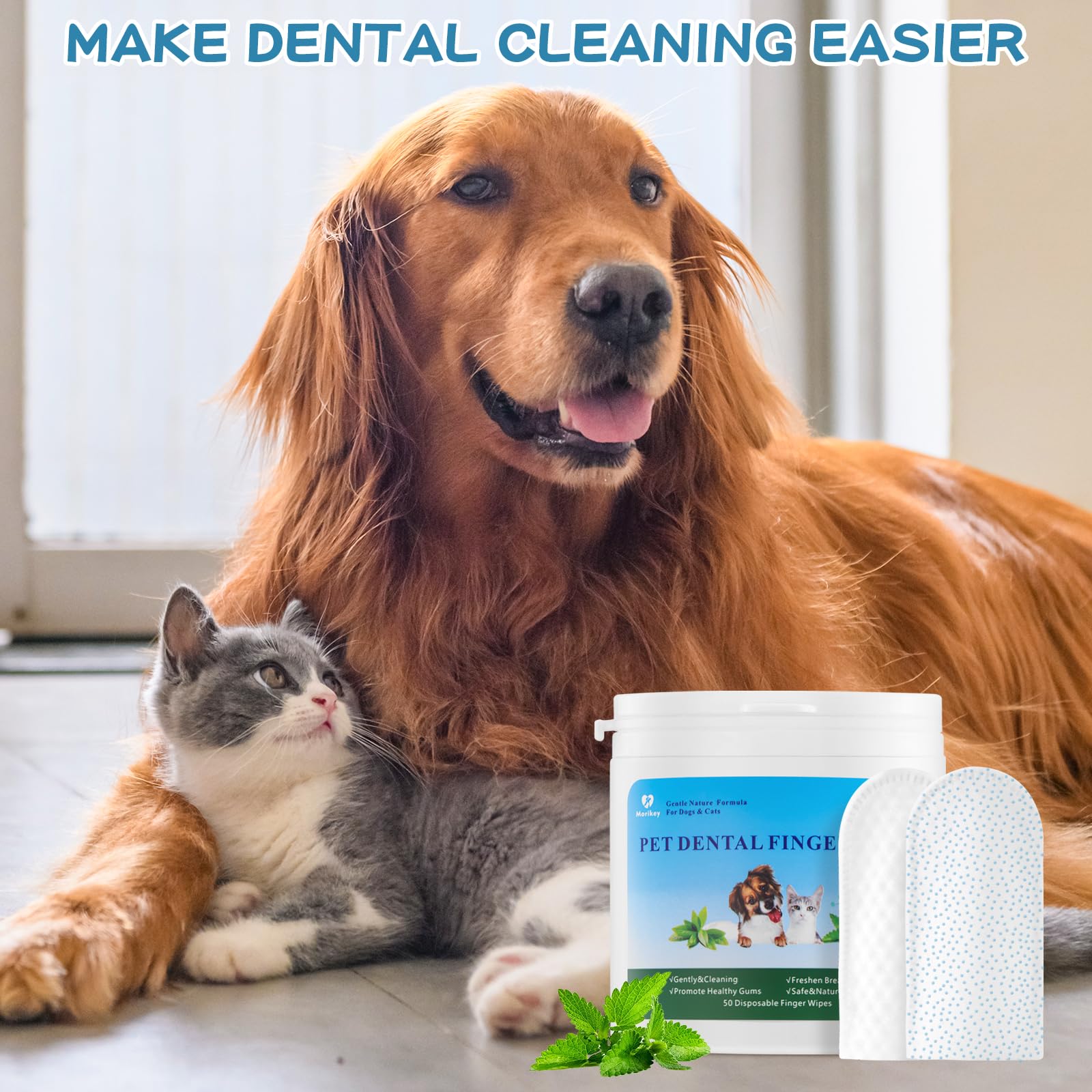 Morikey Dog Teeth Cleaning Wipes Nature Pet Dental Finger Wipes for Dogs Cats Remove Bad Breath,Reduce Plaque and Tartar Buildup Disposable Gentle Pet Dental Care-100Ct