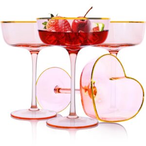 luxulish heart-shaped martini glasses with golden rim, stunning pink coupe glasses set of 4, great cocktail gift choice for wedding, valentine's day, birthdays, anniversary or special date night - 8oz