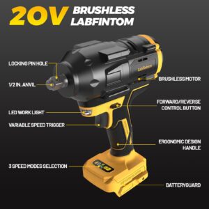 Labfintom Cordless Impact Wrench for De-Walt 20V Battery, 1/2" High Torque Impact Gun, 900Ft-lbs(1200N.m) Brushless Power Impact Driver with 4-Mode Speed, LED Work Light (Battery NOT included)