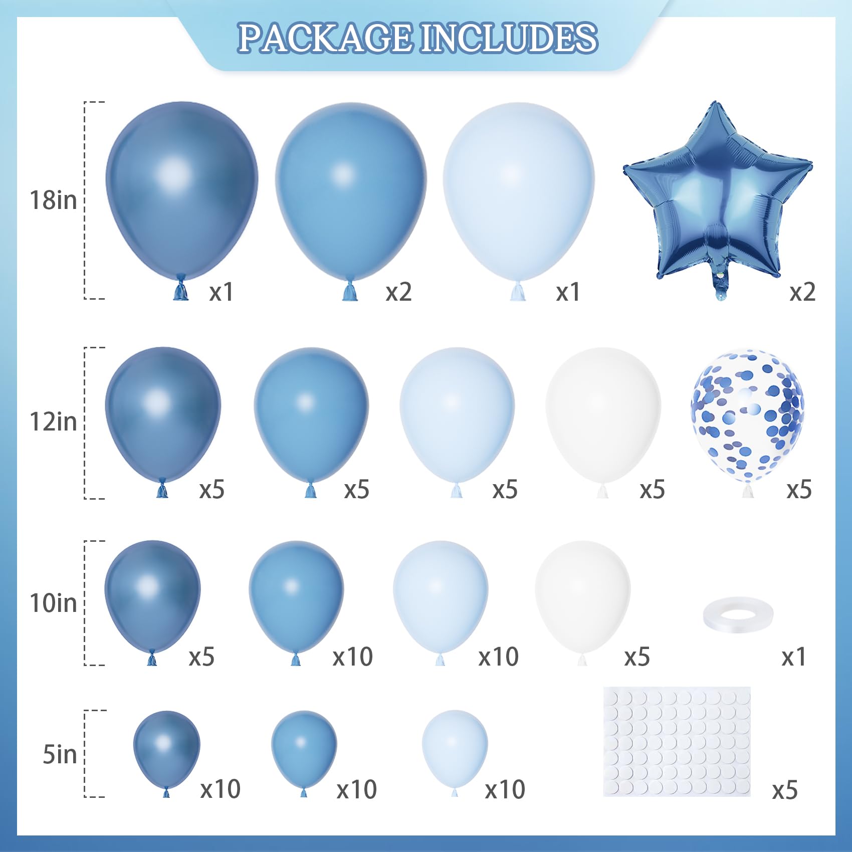 Ouddy Life Blue Balloons Arch Kit, Different Sizes 18 12 10 5Inch Pastel Blue White Latex Metallic Confetti Star Foil Balloon for Baby Shower Wedding Birthday Ocean Themed Graduation Party Decorations