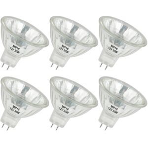 yegrueb mr16 halogen bulb 12v 35w gu5.3 bi-pin base, 2800k warm white, dimmable, high output for track light, landscape(pack of 6)