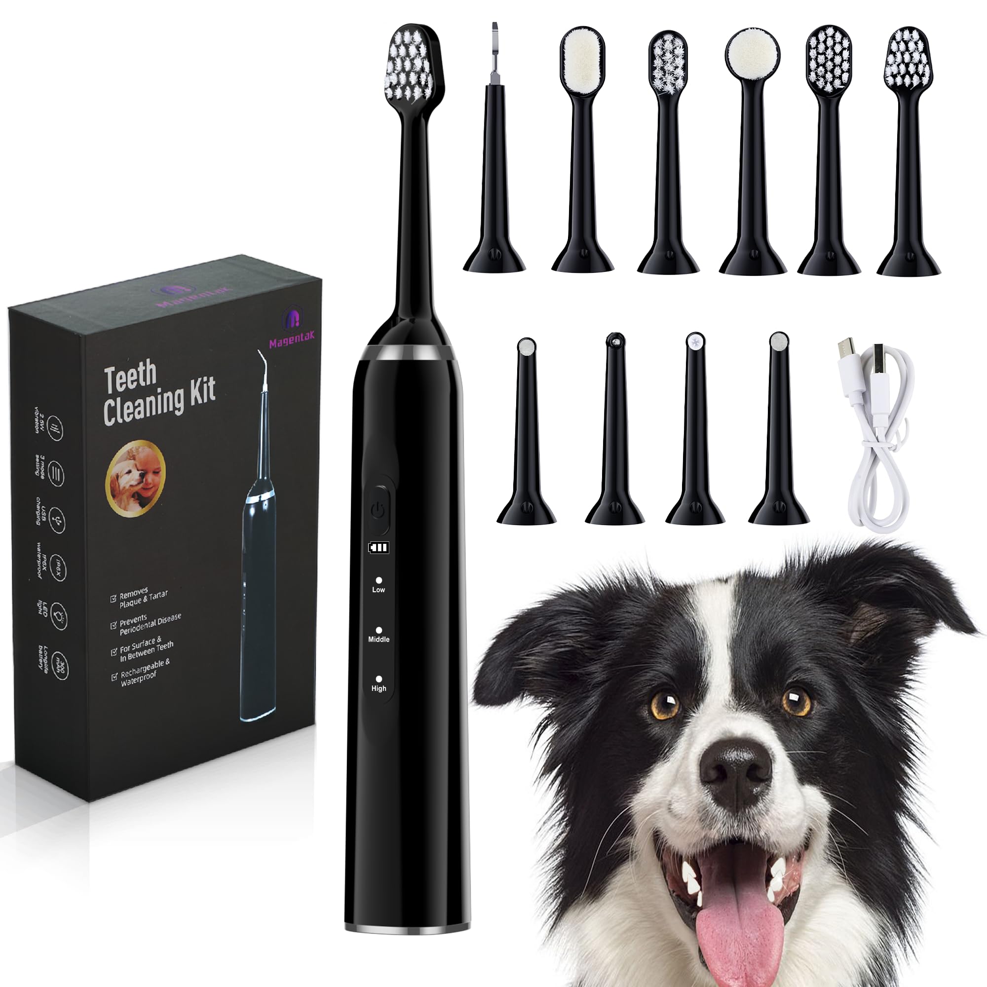 Magentak Dog Teeth Cleaning Kit, Sonic Electric Toothbrush for Pets, Teeth Plaque Remover Brush Set, Rechargeable Sonic Toothbrush for Teeth Care with 3 Modes and 11 Replaceable Brush Heads