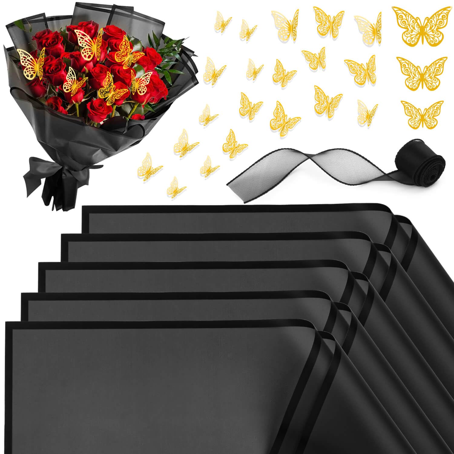 ROADPLUM 20 Sheet Black Flower Wrapping Paper, Bouquet Wrapping Paper with 12 Butterflies and 1 Ribbon for Diy Bouquet, Flower Paper Wrap Kit for Valentine's Day, Mother's Day, Graduation