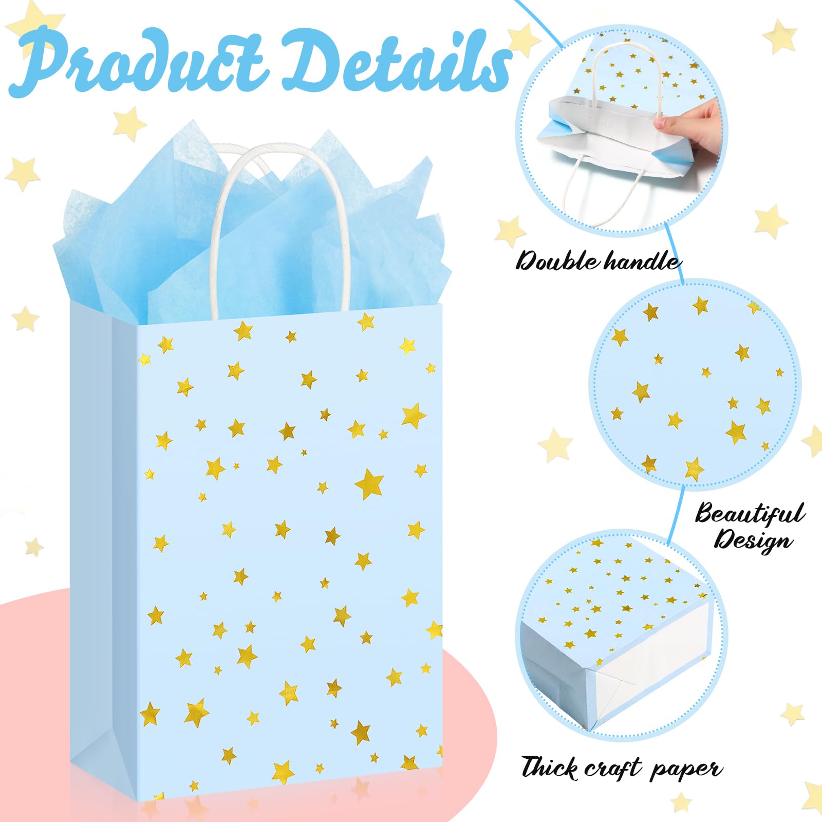 Pajean 24 Pack Star Gift Bags with Tissues Paper Star Paper Gift Bags with Handles Colorful Party Favor Bags Kraft Goodies Treat Bags for Birthday Baby Shower Wedding Party Favors Supplies