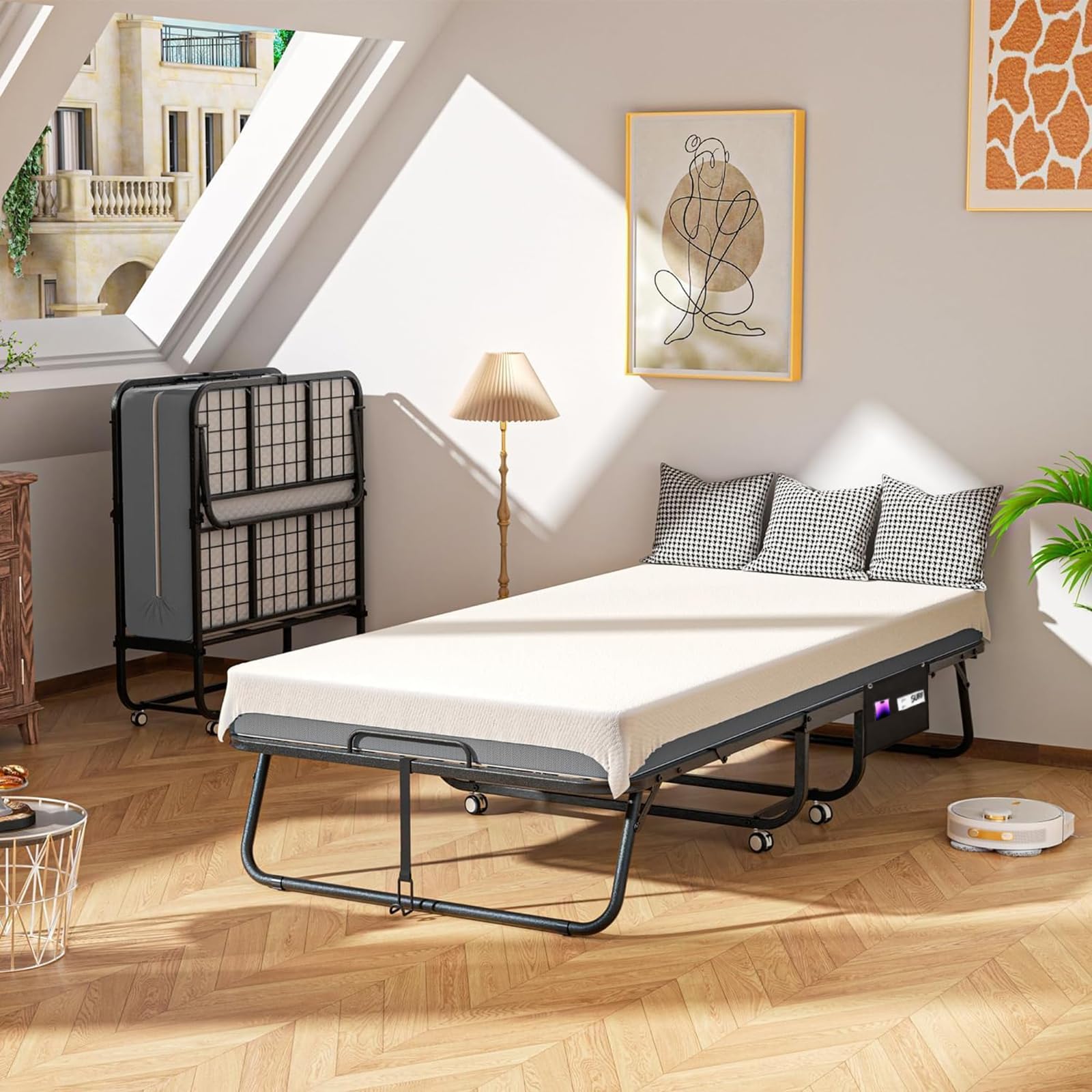 Niceway Premium Foldable & Portable Folding Bed with Metal Platform - 75 x 31 Rollaway Beds with Sturdy Heavy Duty Frame - 5" Deluxe Memory Foam Mattress, Temporary Beds for Guests with Side Pocket