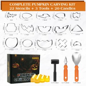 Roberly 45PCS Halloween Pumpkin Carving Kit, 22 Pcs New Pumpkin Carving Cutter 20 LED Candles 3 Carving Tools, Safe Easy DIY and Durable Stainless Pumpkin Carving Tools