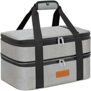 lhzk double insulated casserole carrier, expandable casserole carriers for hot or cold food, insulated food carrier for travel, parties, picnic, fits 11 x 15 or 9 x 13 baking dish (grey)