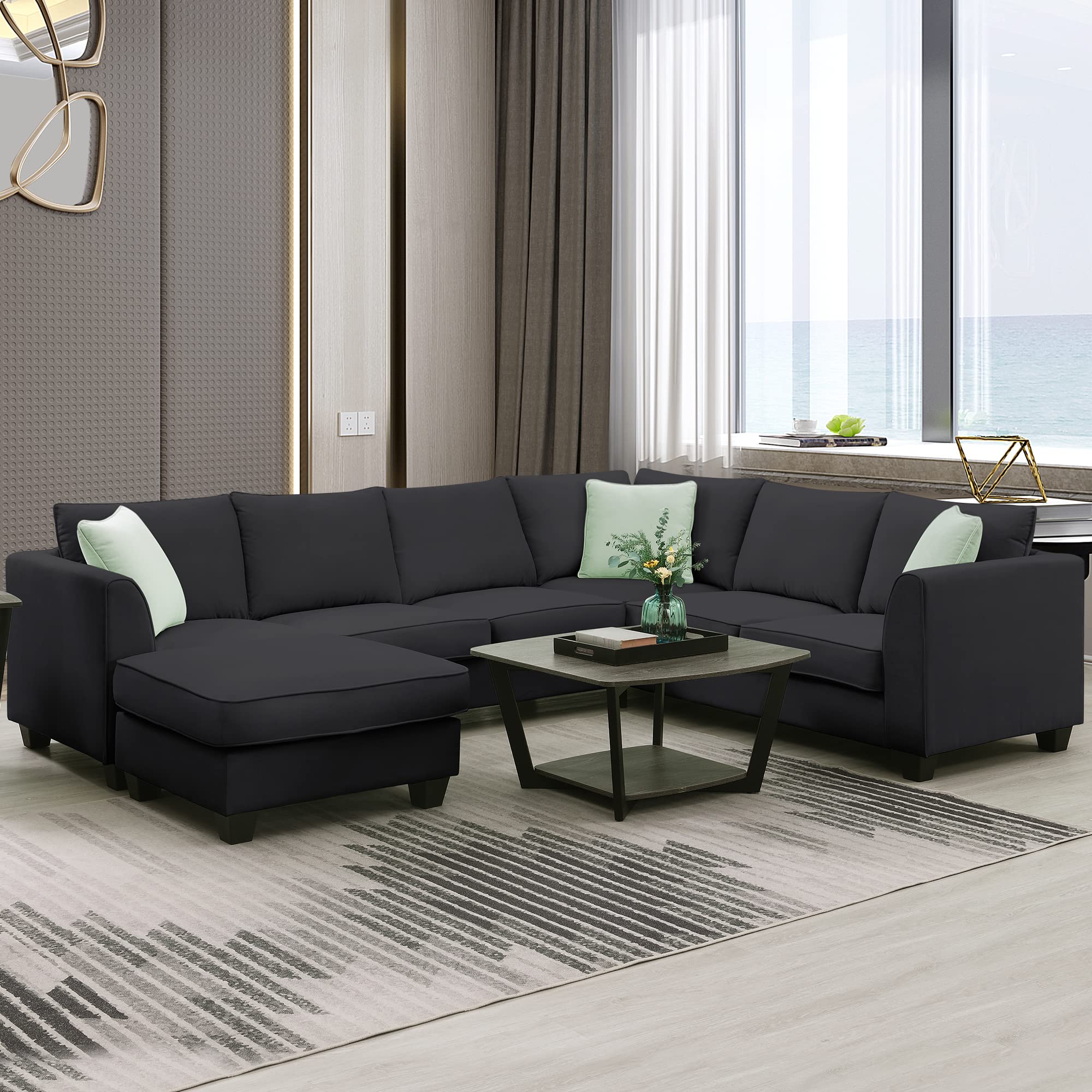 Modern Large U-Shape Sectional Sofa Set, 7 Seat Fabric Sofaset with Movable Ottoman