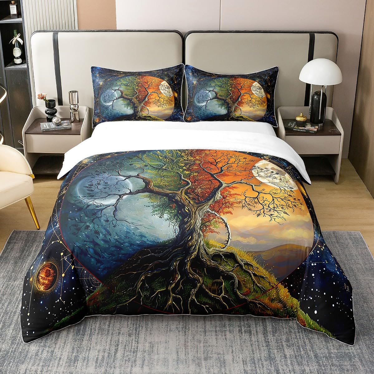 Feelyou Tree of Life Duvet Cover 100% Cotton Full Size Sun and Moon Bedding Set for Kids Psychedelic Galaxy Comforter Cover Set Teens Decor Constellations Bedspread Cover Zipper