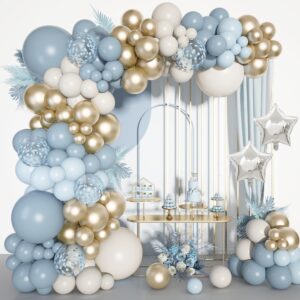 ouddy life dusty blue balloons arch kit, different sizes 18 12 10 5inch fog blue sand white champagne gold latex confetti star foil balloon for boys baby bridal shower birthday boho party decorations