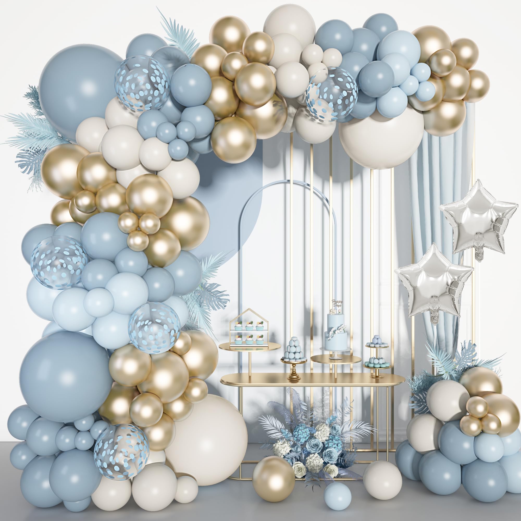 Ouddy Life Dusty Blue Balloons Arch Kit, Different Sizes 18 12 10 5Inch Fog Blue Sand White Champagne Gold Latex Confetti Star Foil Balloon for Boys Baby Bridal Shower Birthday Boho Party Decorations