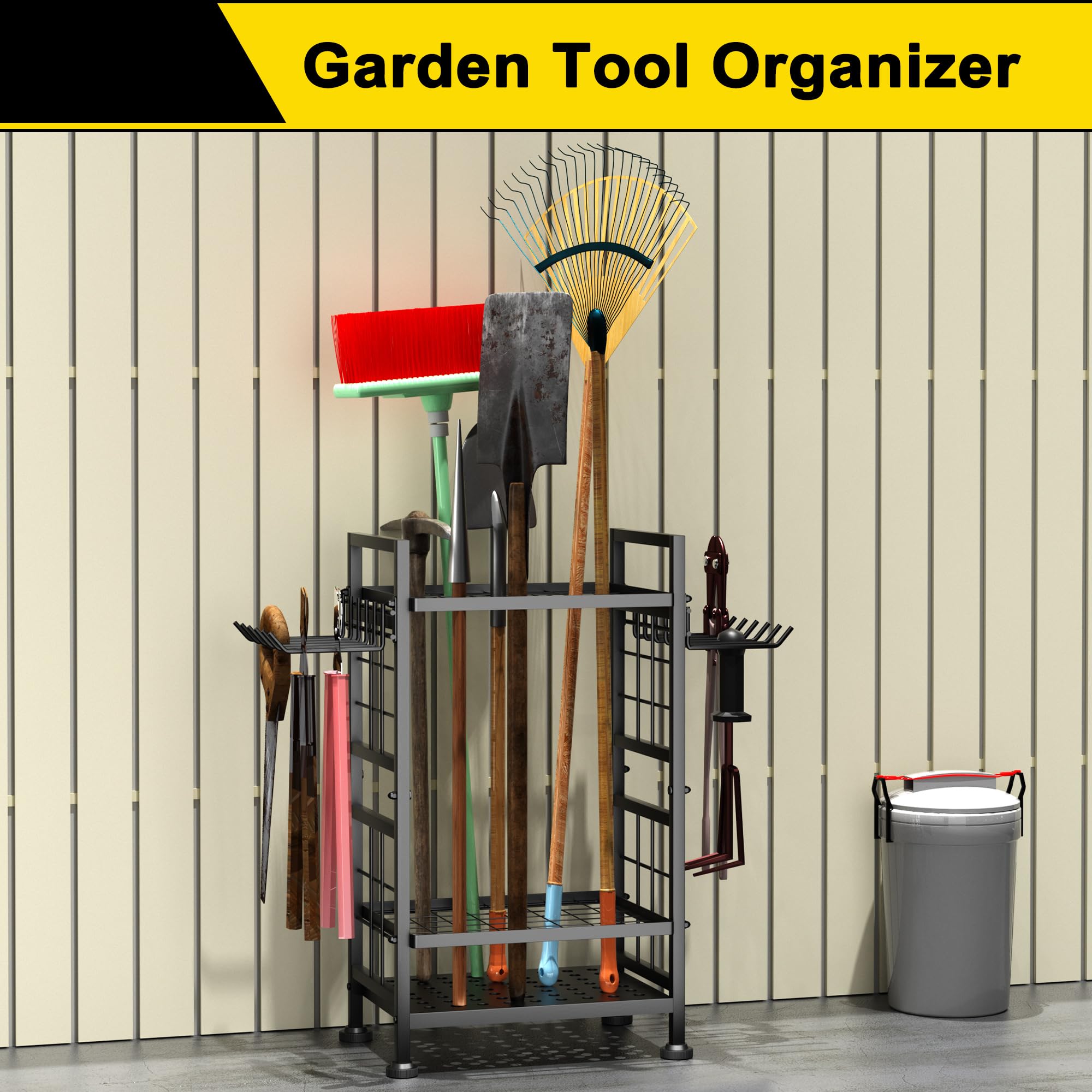 3 Tier Garden Tool Organizer, Garage Storage and Organization, Metal Yard Tools Storage up to 78 Tools, Heavy Duty Garden Tool Organizer for Garage, Yard, Patio, Shed, Indoors and Outdoors, Black