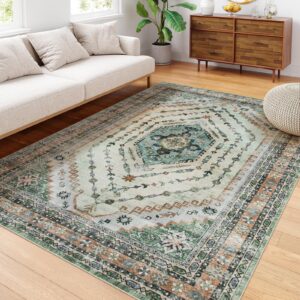 seavish machine washable area rug 8x10, vintage boho green area rug for living room non slip, soft large rugs for bedroom no shedding, distressed oriental neutral rug for dining room