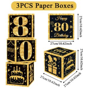 80th Birthday Decorations Boxes for Men- 3PCS Black Gold Happy 80th Birthday Balloons Boxes, 80 Year Old Party Supplies for Men Women