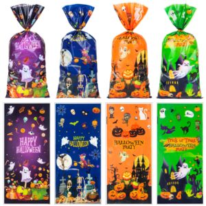 gomanche halloween cellophane candy bags,100 pieces halloween trick or treat bags with 100 piece twist ties for halloween party favor decrations, 4 assorted styles