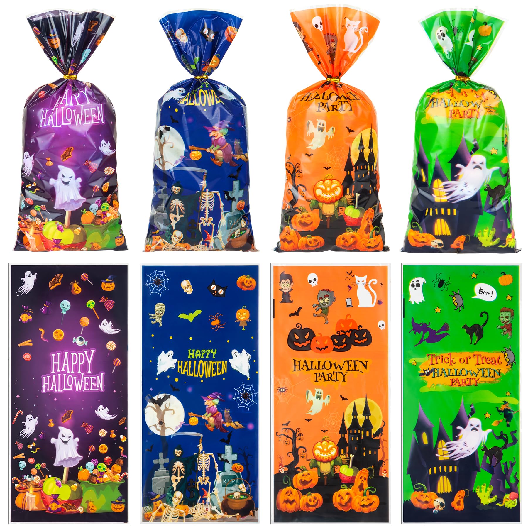 GOMANCHE Halloween Cellophane Candy Bags,100 Pieces Halloween Trick or Treat Bags with 100 Piece Twist Ties for Halloween Party Favor Decrations, 4 Assorted Styles