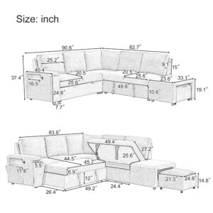 Olodumare L-shaped Oversized Modular Padded Cloud Sectional Fabric Sofa Set with Pull Out Bed, Convertible Sectional Couches with Storage Space, USB Ports, and Cup Holders for Living Room Office（Grey）