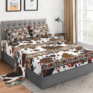 wecozy queen size 4 pcs bed fitted sheet set with 14" deep pocket, vintage retro animal flat sheet set for kids and adults, cow brown cowhide bedding set with 2 pillowcases