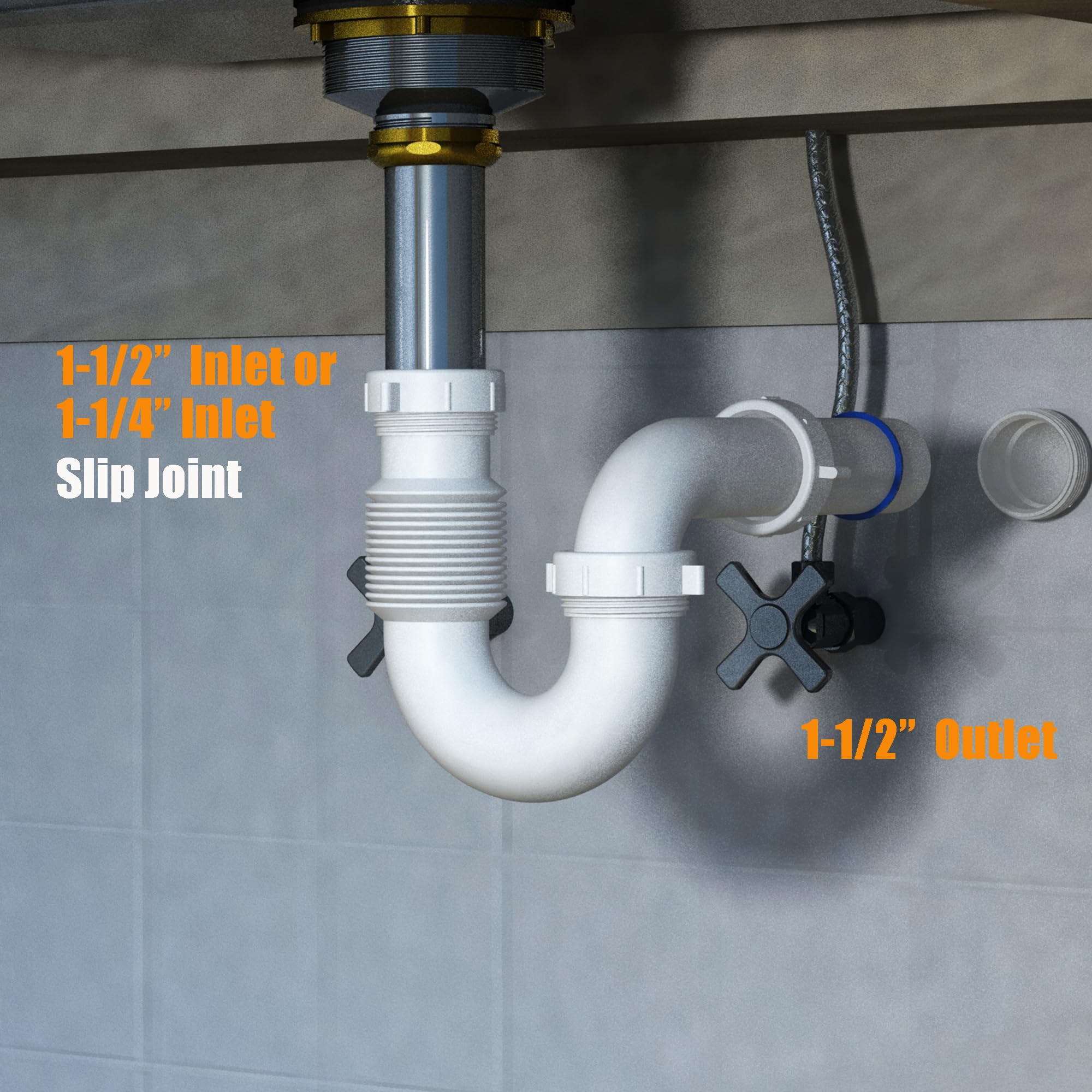 Flexible P Trap for Bathroom Sink, Flex Drain Pipe for Bathroom Sink Drain Kit and Kitchen Sink Drain Kit, 1-1/2" or 1-1/4" Expandable Sink Trap, Slip Joint or Direct Connection 1/2 Inch P Trap Kit