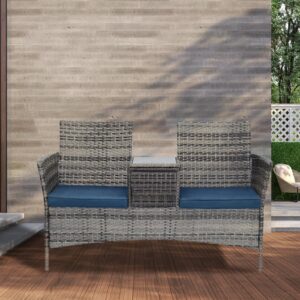 Pieryakers Outdoor Loveseat Rattan Wicker Two Seater,Patio Conversation Sets Built-in Coffee Table and Cushion for Balconies, Lawns, Backyard Outside Sofa Benches (Grey-Blue)