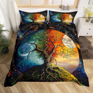 feelyou tree of life duvet cover queen size sun and moon bedding set for kids psychedelic galaxy comforter cover set teens decor constellations bedspread cover zipper closure