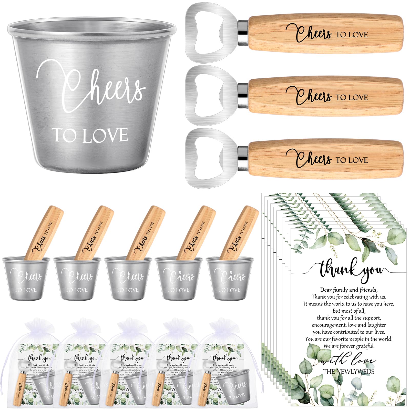 Funnymoom 50 Set Wedding Party Favors for Guests Wedding Short Glasses Cheers to Love Pint Cups Beer Bottle Opener with Thank You Cards Organza Bags Wedding Thank You Gifts for Bridal Shower