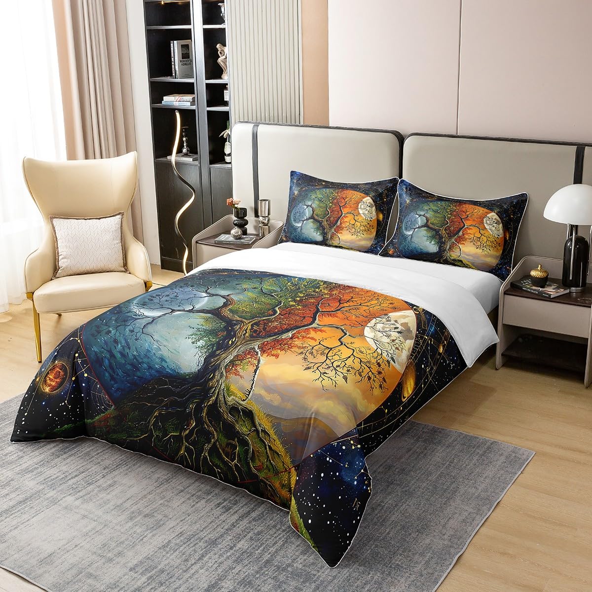 Feelyou Tree of Life Duvet Cover 100% Cotton Full Size Sun and Moon Bedding Set for Kids Psychedelic Galaxy Comforter Cover Set Teens Decor Constellations Bedspread Cover Zipper