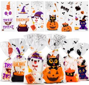 labeol 150pcs halloween treat bags, 5x11 halloween candy bags, cellophane bags goodie bags party favor bags clear gift bags cookie bags trick or treat bags with ties