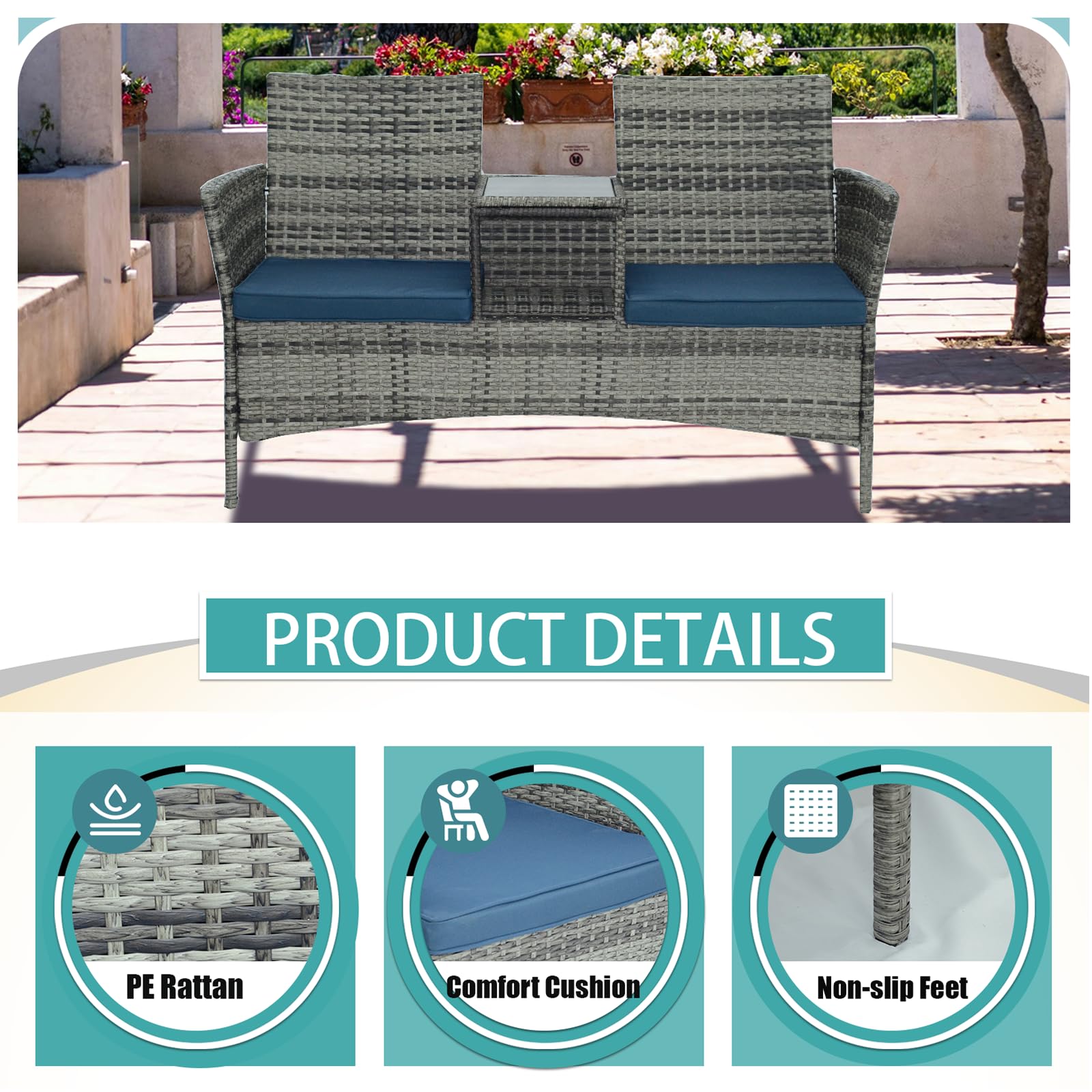 Pieryakers Outdoor Loveseat Rattan Wicker Two Seater,Patio Conversation Sets Built-in Coffee Table and Cushion for Balconies, Lawns, Backyard Outside Sofa Benches (Grey-Blue)