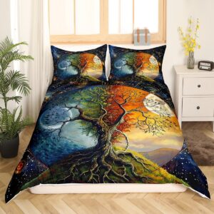 Feelyou Tree of Life Duvet Cover Queen Size Sun and Moon Bedding Set for Kids Psychedelic Galaxy Comforter Cover Set Teens Decor Constellations Bedspread Cover Zipper Closure