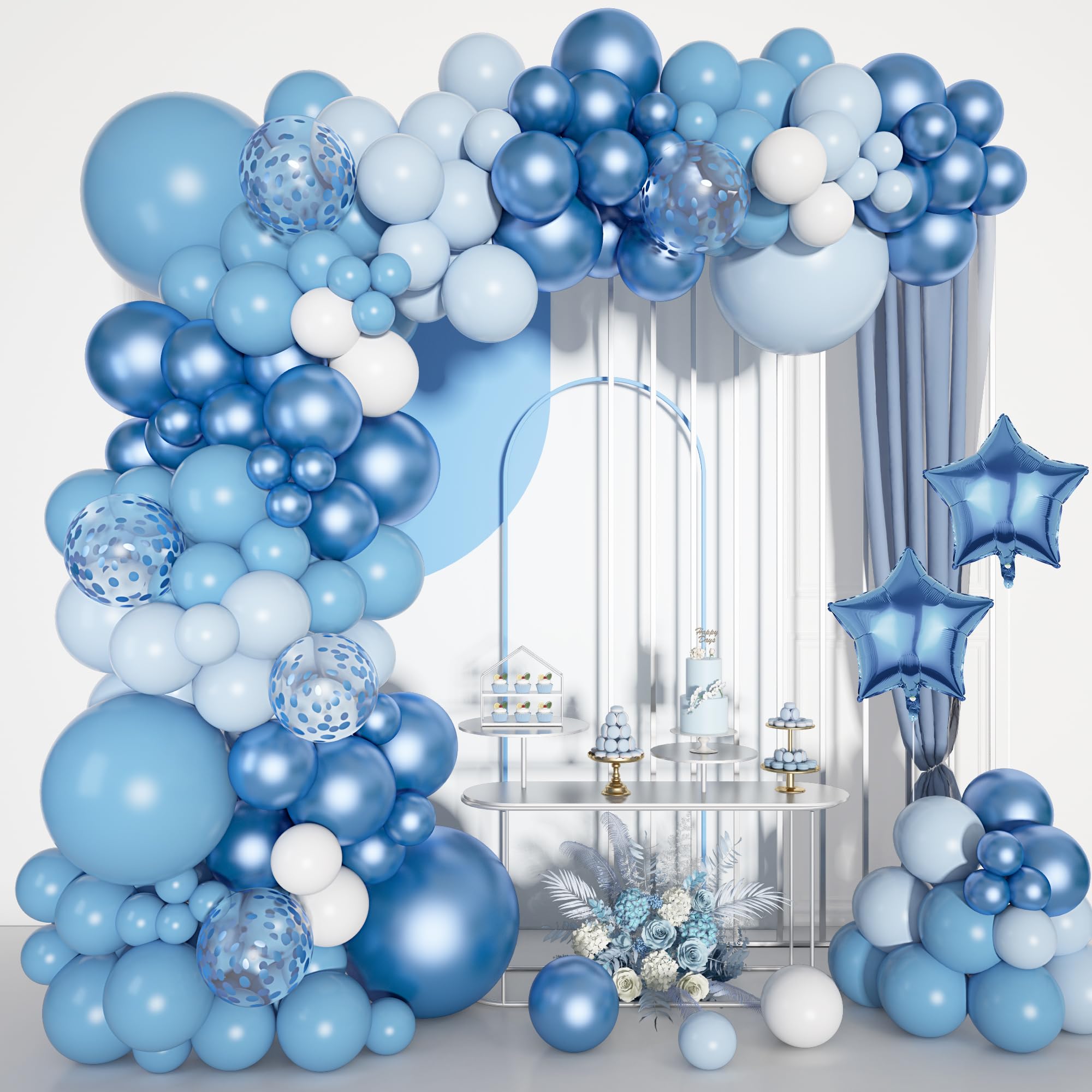 Ouddy Life Blue Balloons Arch Kit, Different Sizes 18 12 10 5Inch Pastel Blue White Latex Metallic Confetti Star Foil Balloon for Baby Shower Wedding Birthday Ocean Themed Graduation Party Decorations