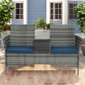 Pieryakers Outdoor Loveseat Rattan Wicker Two Seater,Patio Conversation Sets Built-in Coffee Table and Cushion for Balconies, Lawns, Backyard Outside Sofa Benches (Grey-Blue)