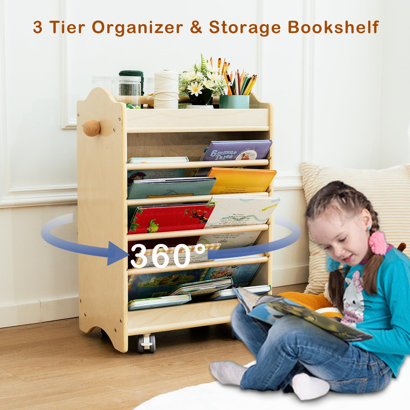 Kidi House 4-Tier Wooden Kids Bookshelf Double-Sided Toddler Bookshelf with Wheels Movable Birch Book Display Shelf Montessori Bookshelf Baby Bookshelf for Kids Room Nursery Classroom Playroom Natural