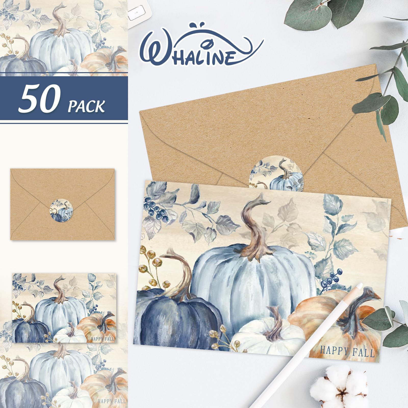 Whaline 50 Pack Fall Thank You Cards Bulk Boxed Vintage Blue Pumpkin Greeting Cards with Envelope Sticker Blank Note Cards for Autumn Thanksgiving Wedding, 4 x 6 Inch